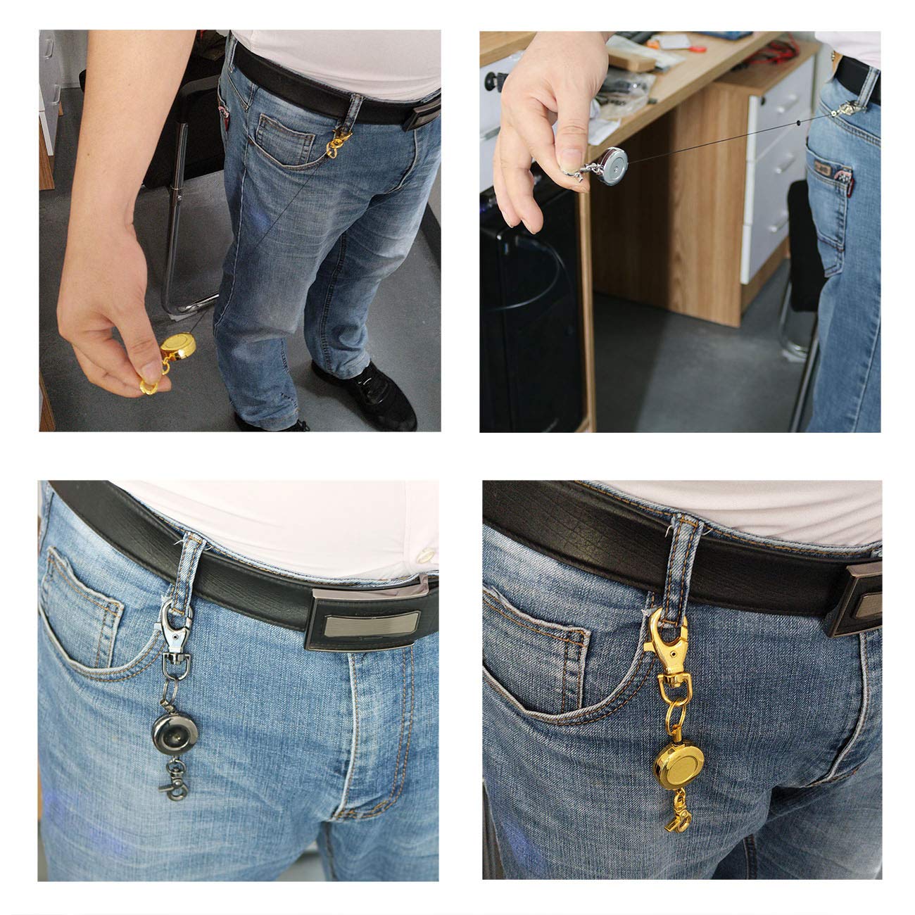 JCBIZ 1PCS Retractable Key Chain with Hook Zinc Alloy High Resilient Anti-lose Stretch Key Ring Holder Tool Telescopic Rope Gold