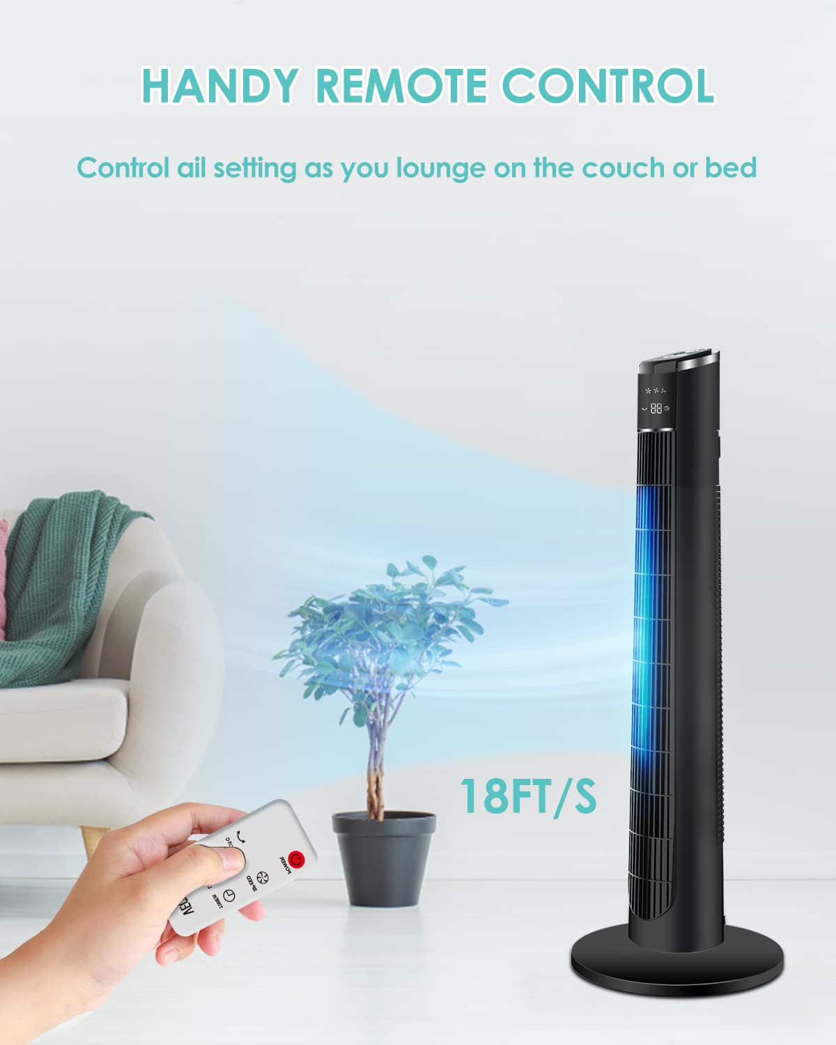 Portable Electric Oscillating Tower Fan with 12H Timer, LED Display and Remote Control 36‘’Quiet Bladeless Fan with 3 Modes for Bedroom, Living Rooms and Office use