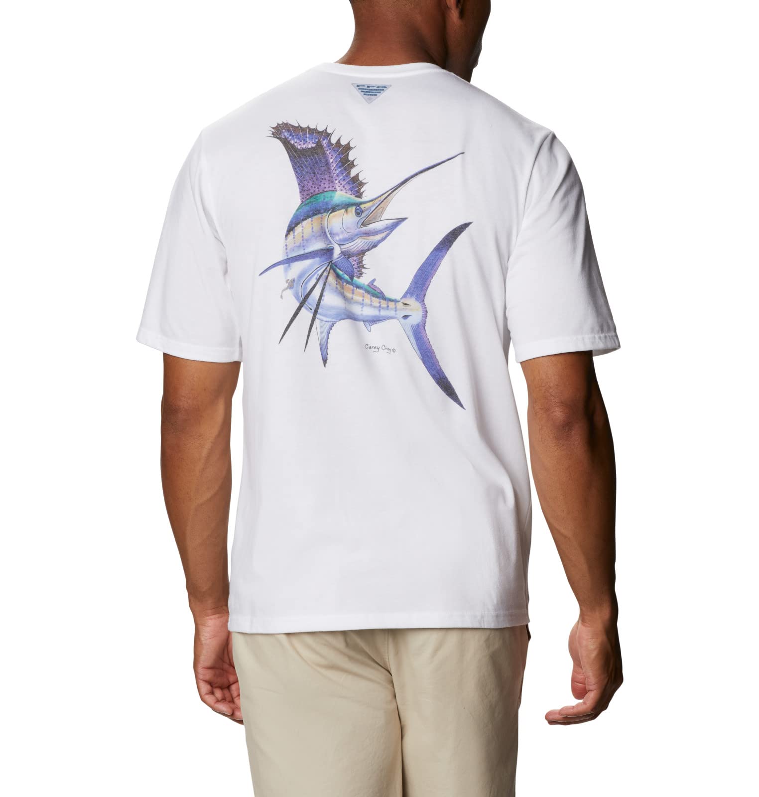 Columbia Men's PFG Carey Chen Graphic Short Sleeve, White/Sailfish, Large