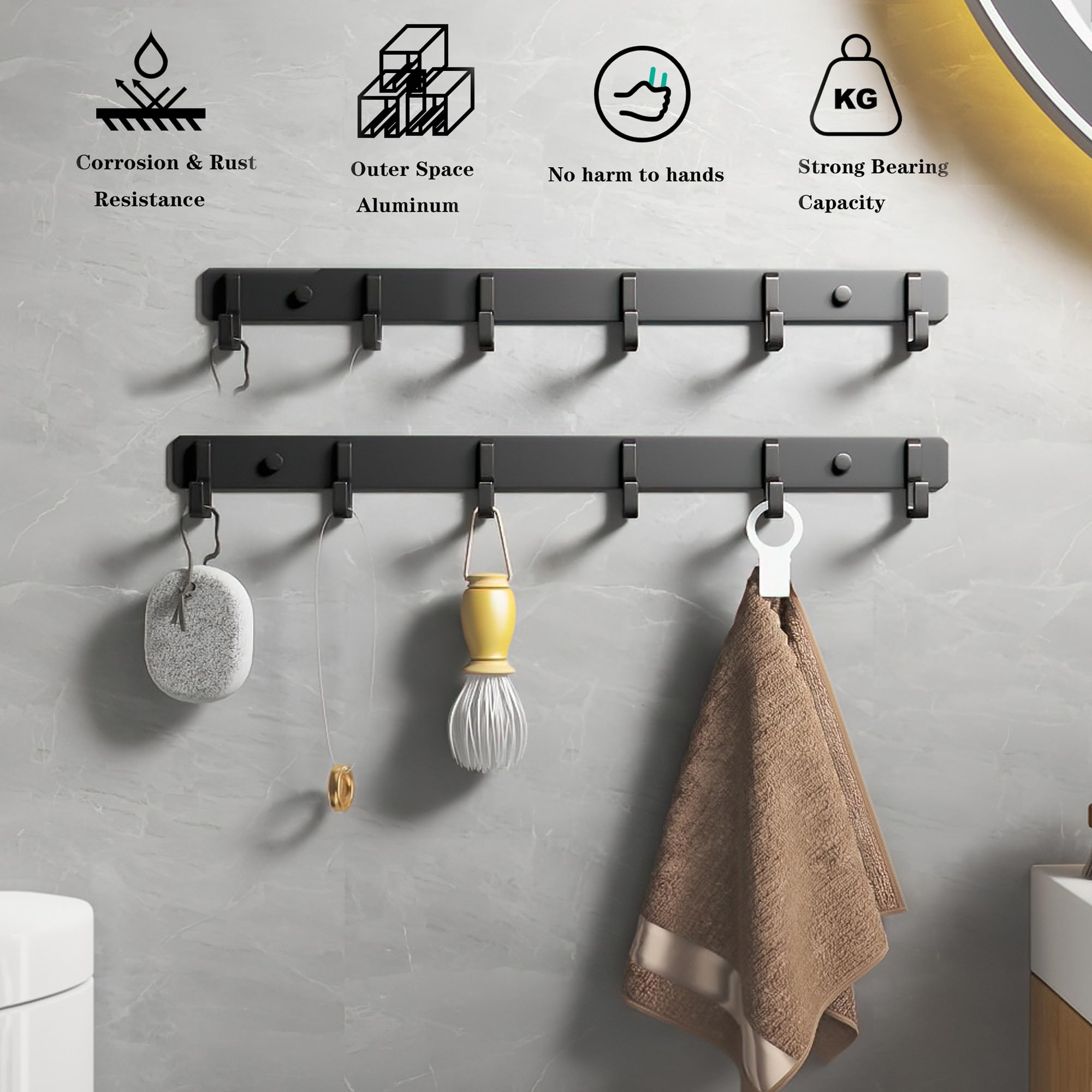Geobella Wall mountde Coat Rack(2-Pack) 6 Hanging Hooks Entryway Bedroom Bathroom Kitchen for Coat Hooks,Glue Installation Does Not Require Drilling