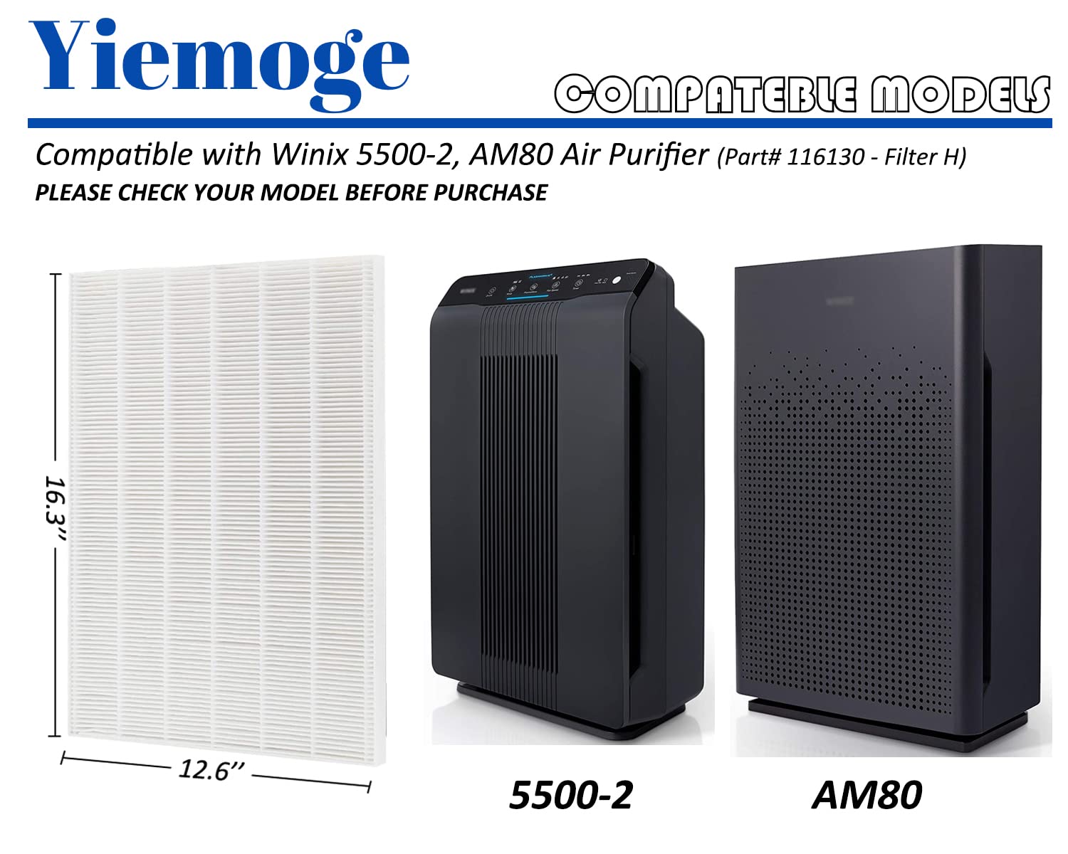 Yiemoge True HEPA Replacement Filter H 116130 Compatible with Winix Air Purifier 5500-2 and Models AM80 (3 HEPA Filters)