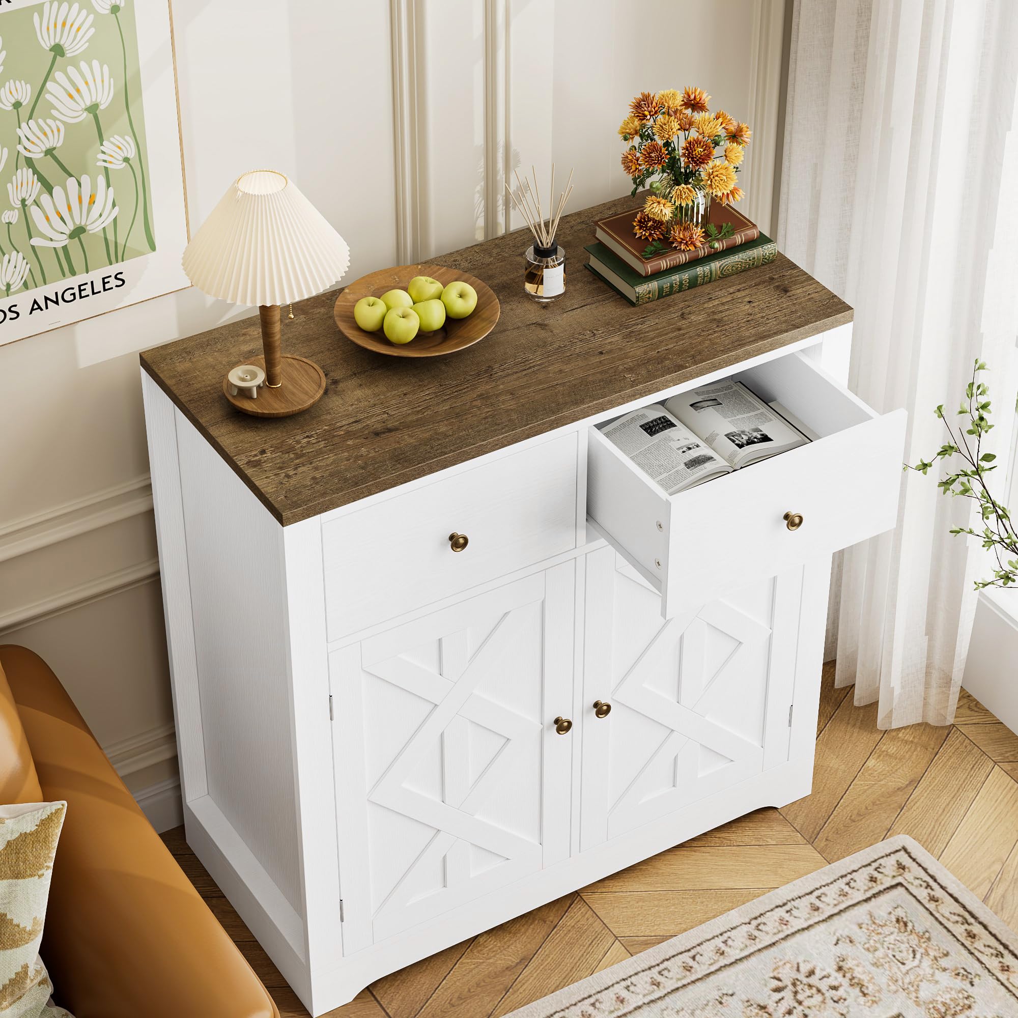 FOTOSOK Kitchen Sideboard Buffet Cabinet, 34'' H Farmhouse Kitchen Storage Cabinet with Drawers and Adjustable Shelves, Modern Coffee Bar Cabinet for Kitchen, Dining Room, Bathroom, Entryway, White