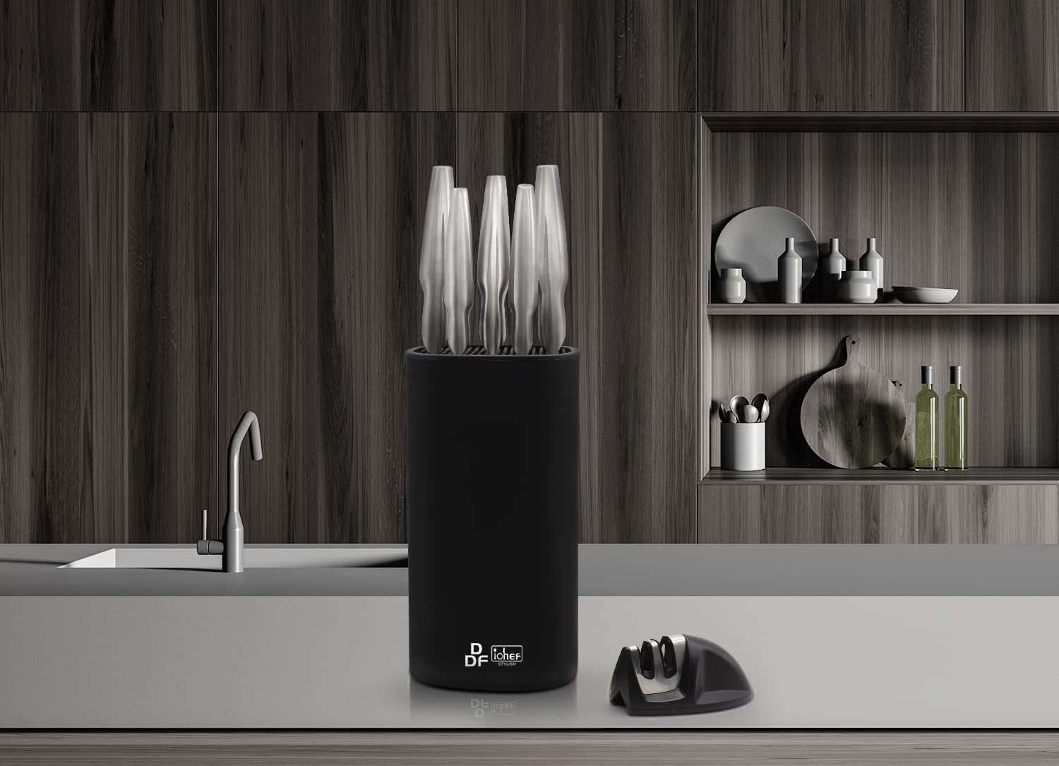 DDF iohEF Kitchen Knife Set with Block, 7 Piece Premium High Carbon Stainless Steel Knives Set with Knife Sharpener, Ultra Sharp Knife Block Set