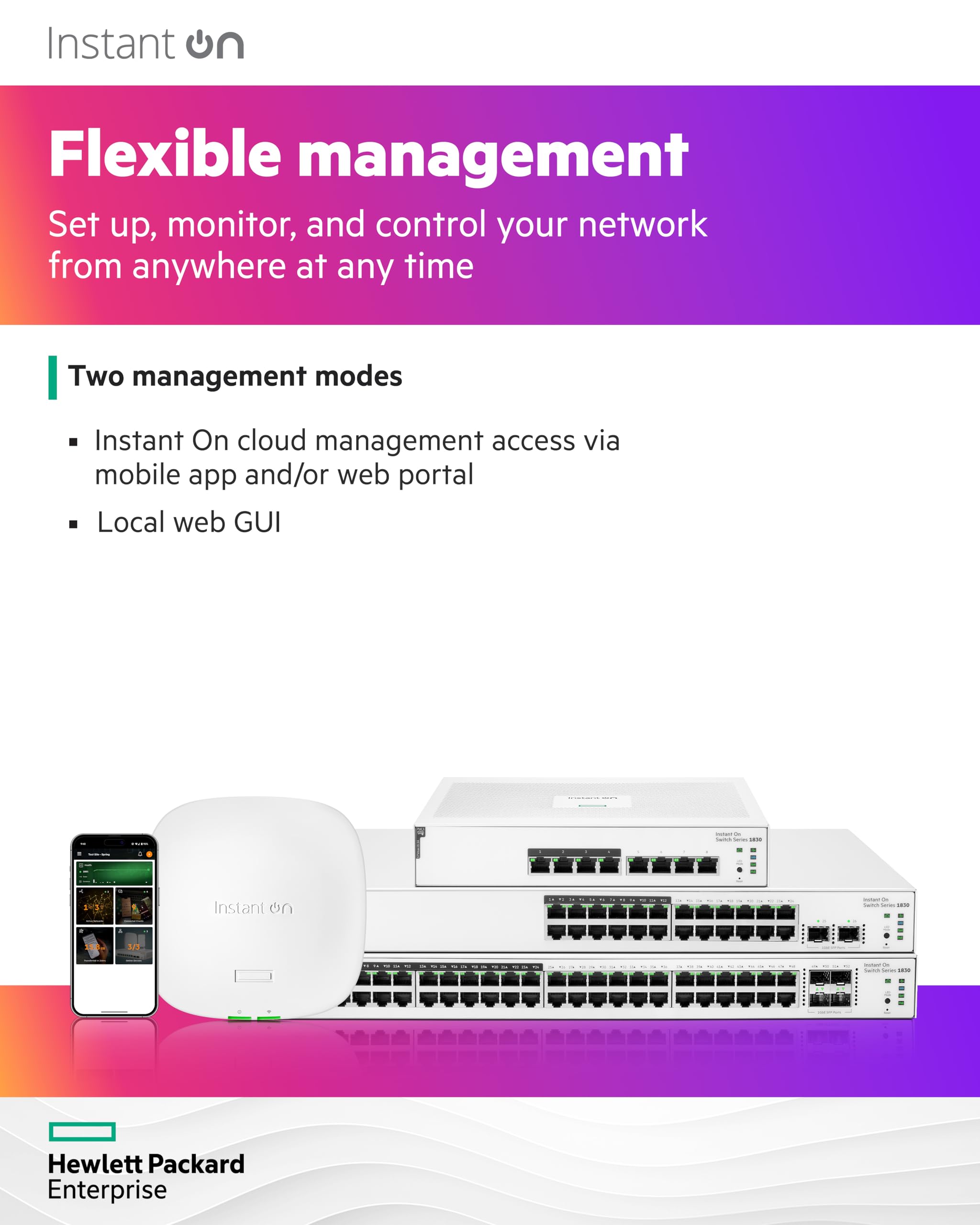 HPE Networking Instant On Switch Series 1830 48-Port Gb Smart-Managed Layer 2 Ethernet Switch with PoE | 48x 1G | 4X SFP | 24x CL4 PoE (370W) | Fan-Less | US Cord (JL815A#ABA)
