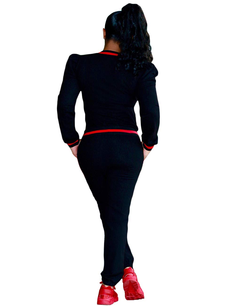 Casual Long Sleeve Zip Up Jacket and Pants Sweatsuits Tracksuits 2 Pieces outfits for Ladies,Black,Tag XL/US(12-14)