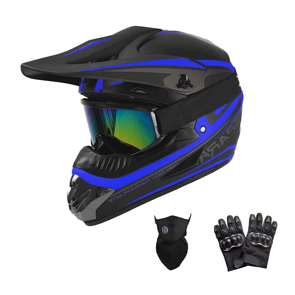 Youth Kids Motocross Helmet, Full Face Motorcycle Dirt Bike Off-Road Mountain Bike BMX ATV Helmet, DOT Approved, 5Pcs Set (W/Gloves Goggles Mask), Blue, XL