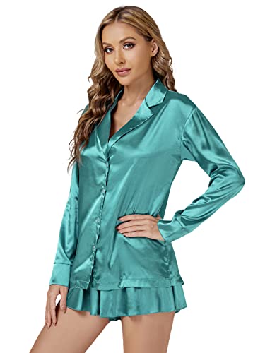 LYANER Women’s 3 Pieces Satin Cami Shorts Pajamas Rope Set Crop Sleepwear Lingerie Loungewear Set Turquoise Medium