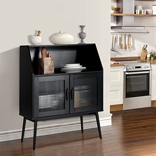 Giantex Buffet Cabinet with Storage, Farmhouse Sideboard with Open Shelves & Tempered Glass Door, Mid Century Free-Standing Kitchen Cupboard for Living Room Hallway, Black