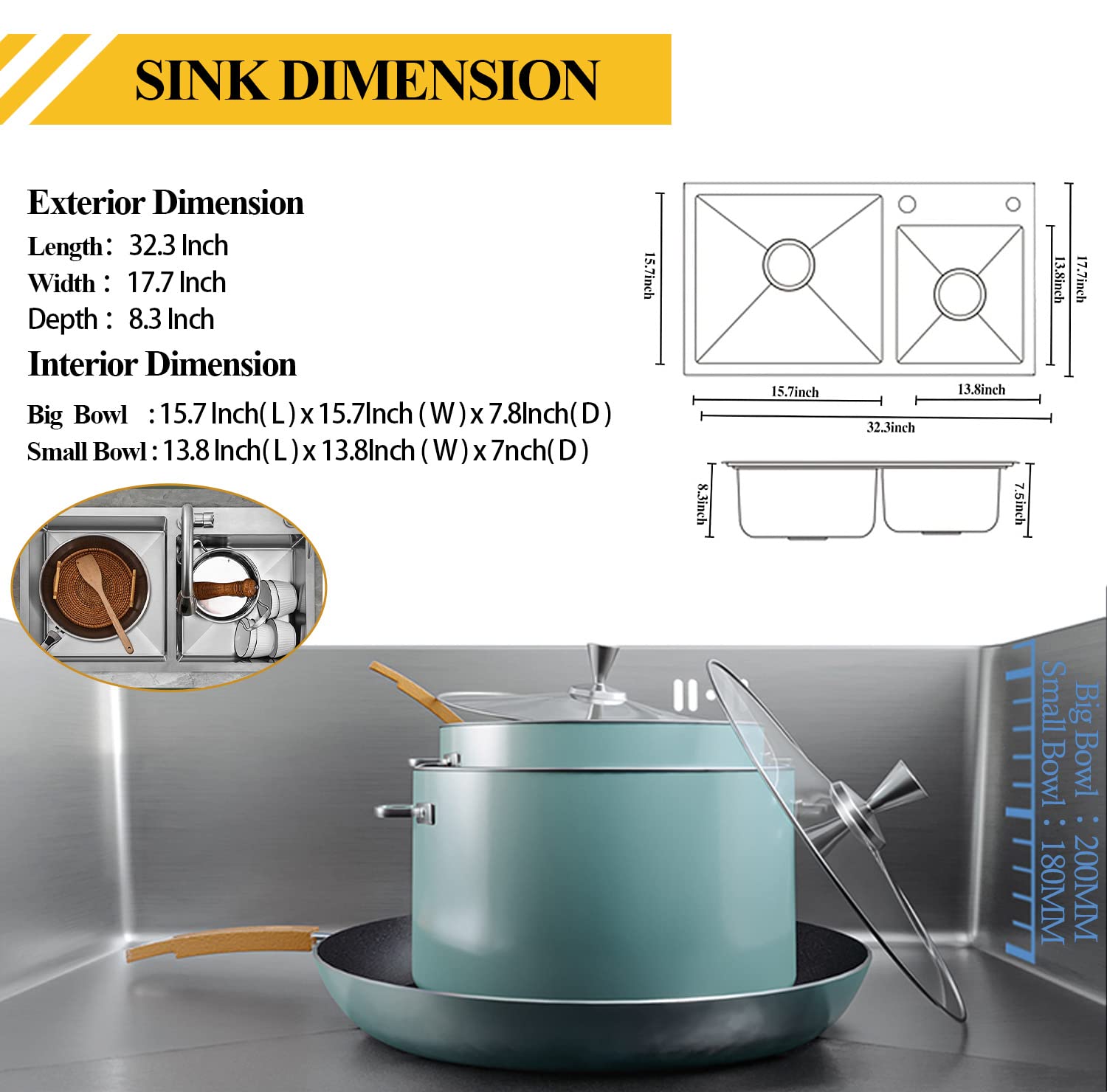 Double Bowl Kitchen Sink, Drop In 32.3 x 17.7 Stainless Steel Topmount Bar Sink Nice Kitchen Sink With Gift-Soap Dispenser, Faucet Mat, Drain Strainer Set for Modern Kitchen Sink