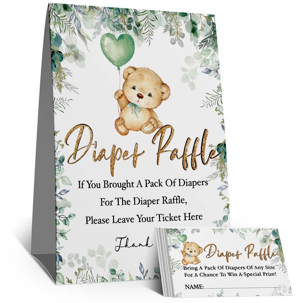 Diaper Raffle Sign,Balloon Bear Diaper Raffle Theme Baby Shower Game Kit (1 Sign & 50 Cards),Eucalyptus Diaper Insertion Ticket,Baby Shower Decoration
