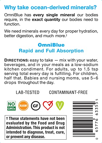 OmniBlue Ocean Minerals | 100% Natural Solar-Harvested Ocean Electrolytes | All Required Macro and Trace Minerals | Not Lab-Made | No Additives … (8 oz.)
