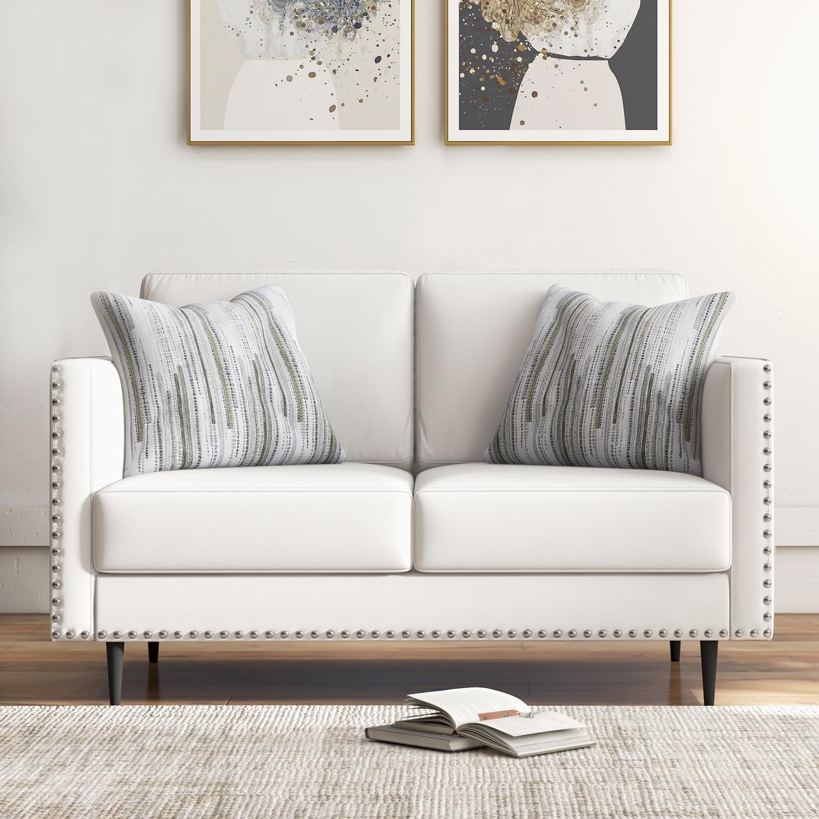 EBELLO Modern Loveseat Sofa Living Room, Upholstered 2-seat Leather Sofa Couch, Rivet Design, Wood Frame and Sturdy Legs Small Sofa for Small Space, Bedroom Office, White
