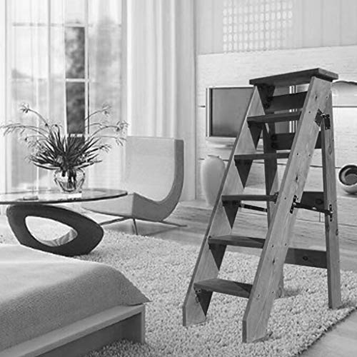 XWZJY Moveable 6 Steps Stepladder Multifunction Wooden Ladder Stool Folding Stairs Chair for Living Room/Kitchen/Balcony/Courtyard,Height 120cm,Load Bearing 150kg