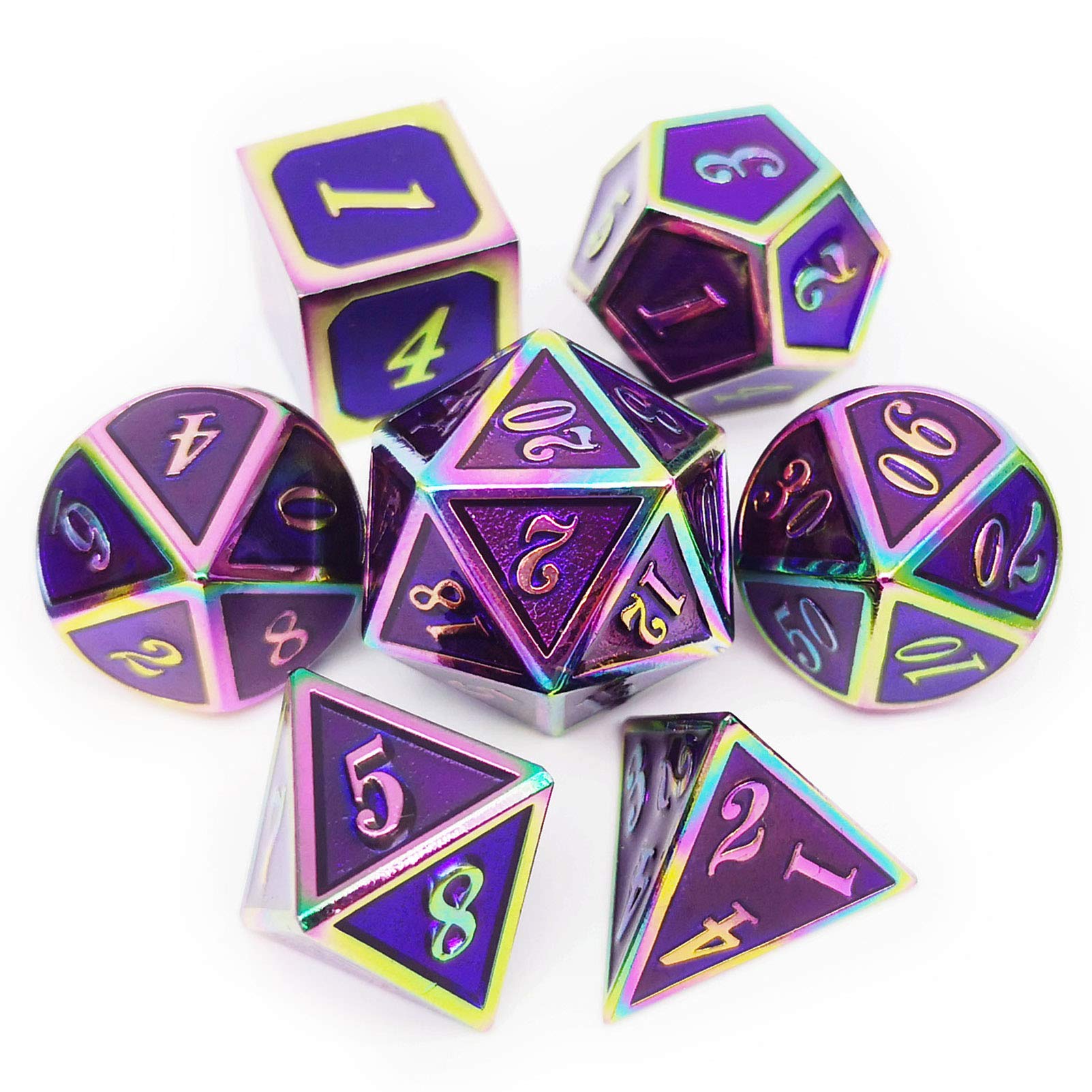 Haxtec Metal DND Dice Set Rainbow Purple D&D 7PCS of D20 D12 D10 D8 D6 D4 for Dungeons and Dragons TTRPG Games