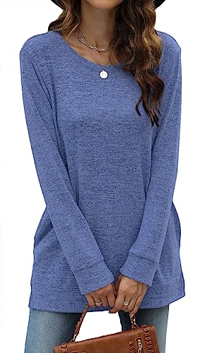 LERUCCI Women's Casual Loose Fall Sweatshirt Long Sleeve Crewneck Pullover Side Split Tunic Tops With Pockets Blue XL