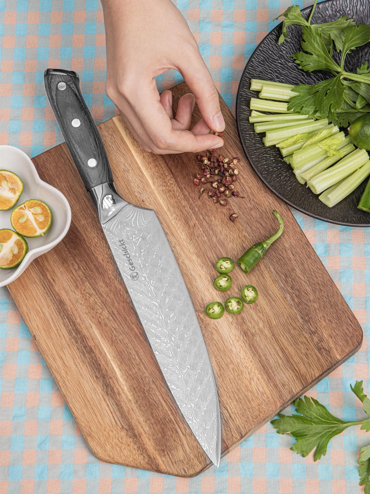 Geschickt Chef knife, Kitchen Knife 8'' with Improved Thicker Handle for Comfort & Balance, Razor Sharp Forged Full Tang Knife, High Carbon Stainless Steel, Ergonomic Design, Grey