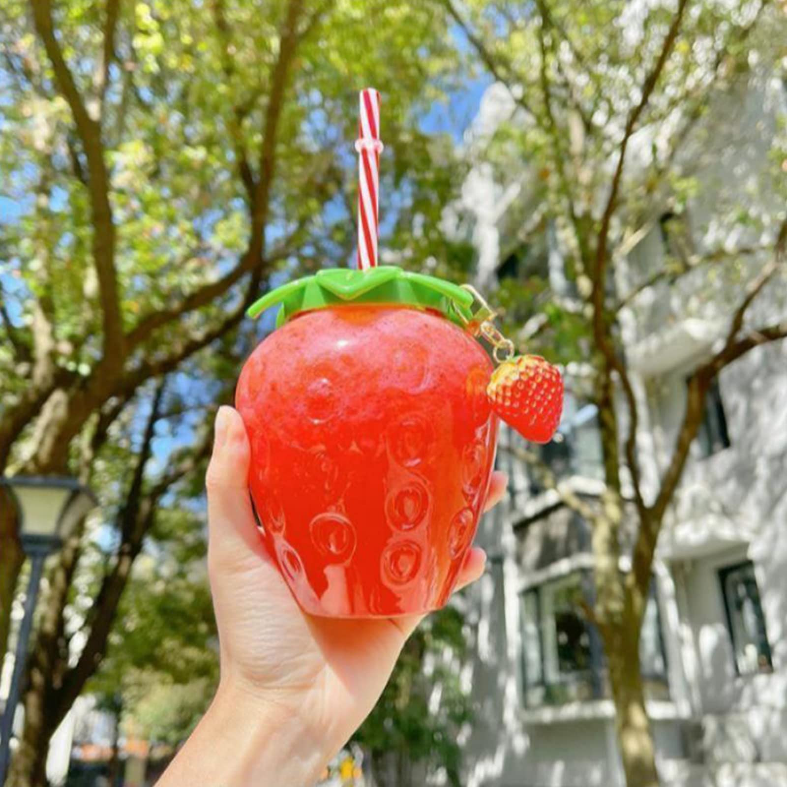 DULRLLY 17 Oz Strawberry Cups with Straw and Strawberry Pendant Kawaii Cup with Lid Portable Cute Water Bottle Mug for Gift Home Office School for Boba Tea