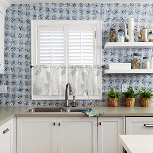 OneHoney Marble Texture Kitchen Curtains Tiers and Valances Set 3 Piece for Windows, Modern White Granite with Gold Lines Rod Pocket Small Window Panels for Living Room Bedroom Bathroom Cafe