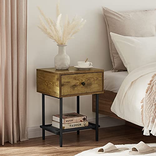 VECELO Nightstand with Drawer,End Side Table with Open Storage Shelf, for Living Room Bedroom Small Space,Rustic Brown, Set of Two