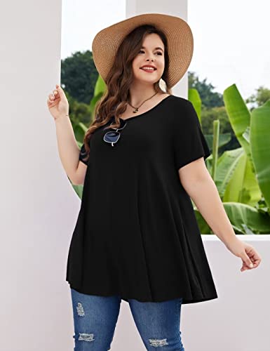 MONNURO Womens Short Sleeve Casual Loose Fit Flare Swing Tunic Tops Basic T-Shirt Plus Size(Black, 3X)