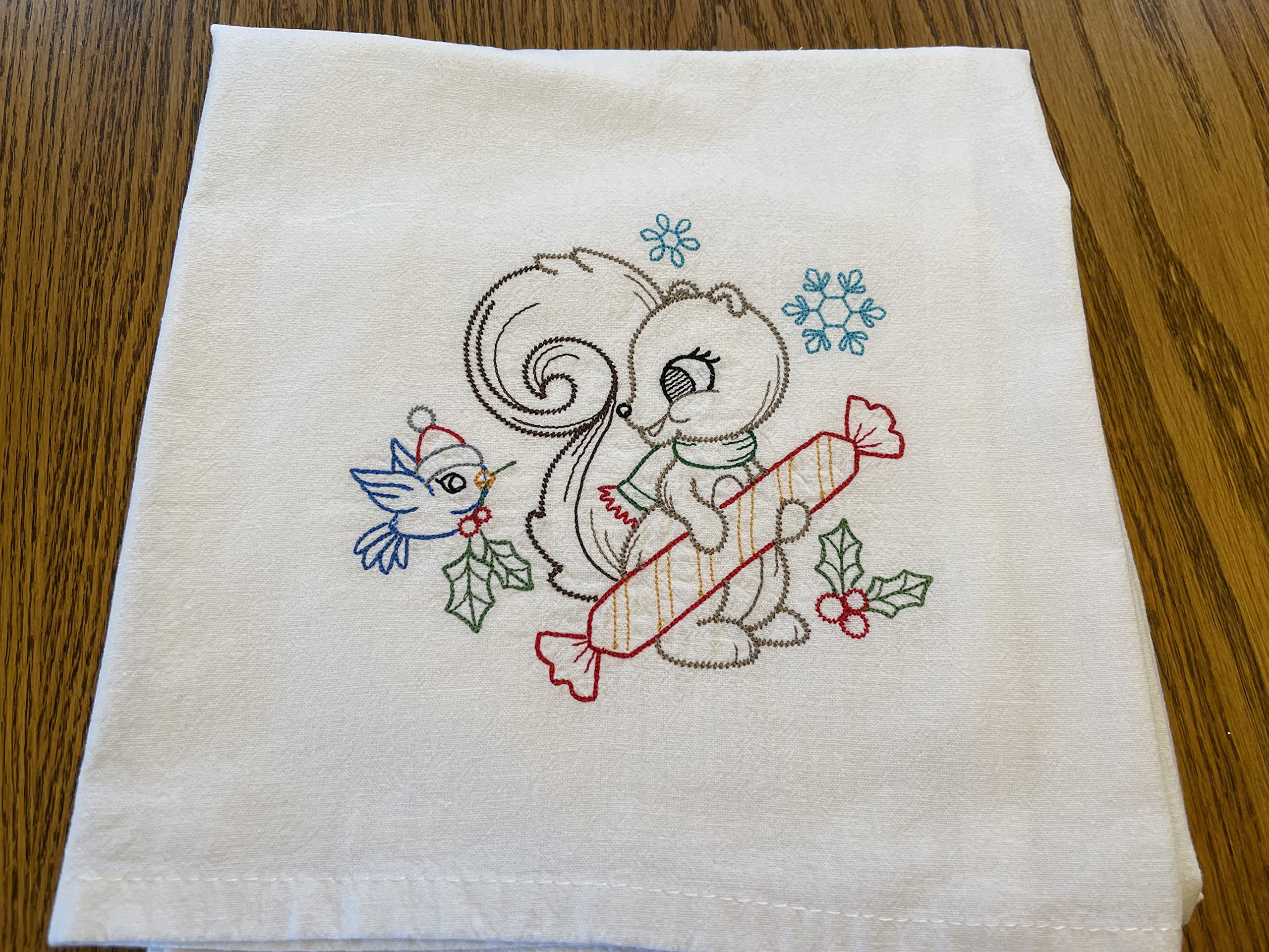 Christmas embroidered tea towel, flour sack towel, vintage pattern, 1 in set of 7 designs, Christmas animals,
