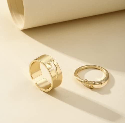 COLORFUL BLING Alloy Plated Couple Ring Hollowed Out Dinosaur Ring 2-piece Set-Gold