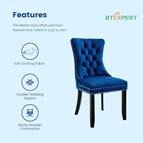 BTEXPERT High Back Blue Velvet Tufted Upholstery, Solid Wood-Accent Nail Trim, Ring Leisure Side Living Room Bedroom Coffee upholstered Dining Chair Set of 2, Navy