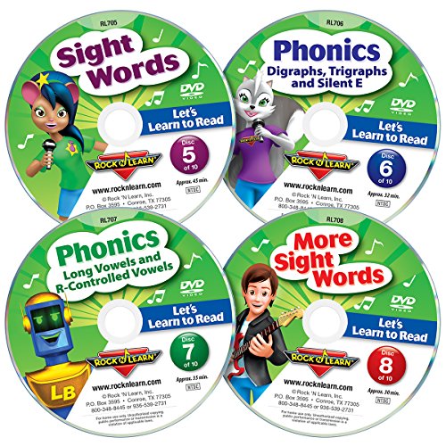 Let’s Learn to Read 10 DVD Collection by Rock ‘N Learn (170 sight words, covers all phonics rules, vowels, consonants, blends, digraphs, practice sections to build reading fluency, 80 downloadable worksheets and more.)