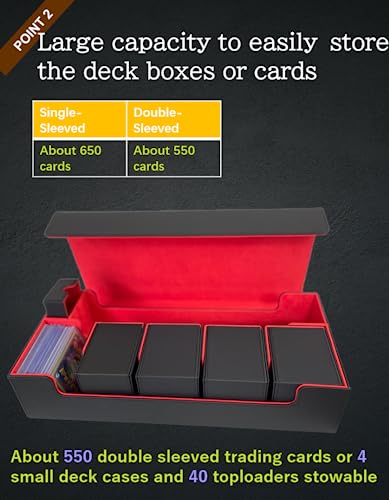 Venssu Card Deck Box, Card Deck Case, Deck Card Box, Leather Large Size Fit 550 Plus Sleeved Cards Compatible with single/double sleeved toploader MTG TCG CCG (Black＆Red)