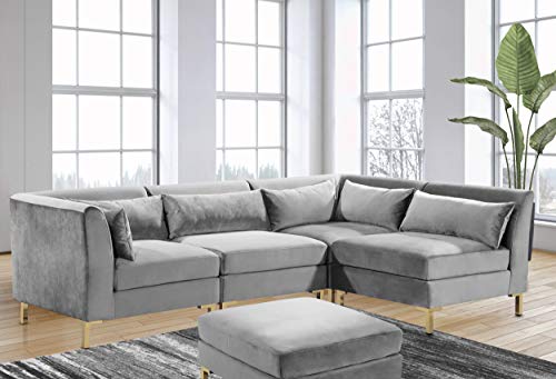 Iconic Home FSA9258-AN Girardi Modular Chaise Sectional Sofa Velvet Upholstered Solid Gold Tone Metal Y-Leg with 6 Throw Pillows Modern Contemporary, Grey