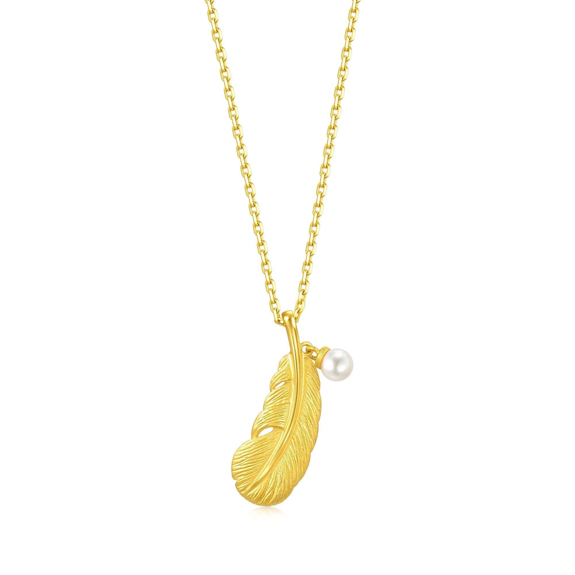 CHOW SANG SANG 999.9 24K Solid Gold Price-by-Weight 2.24g Gold Feather with Pearl Pendant for Women 93640P | [Not Include the Necklace]