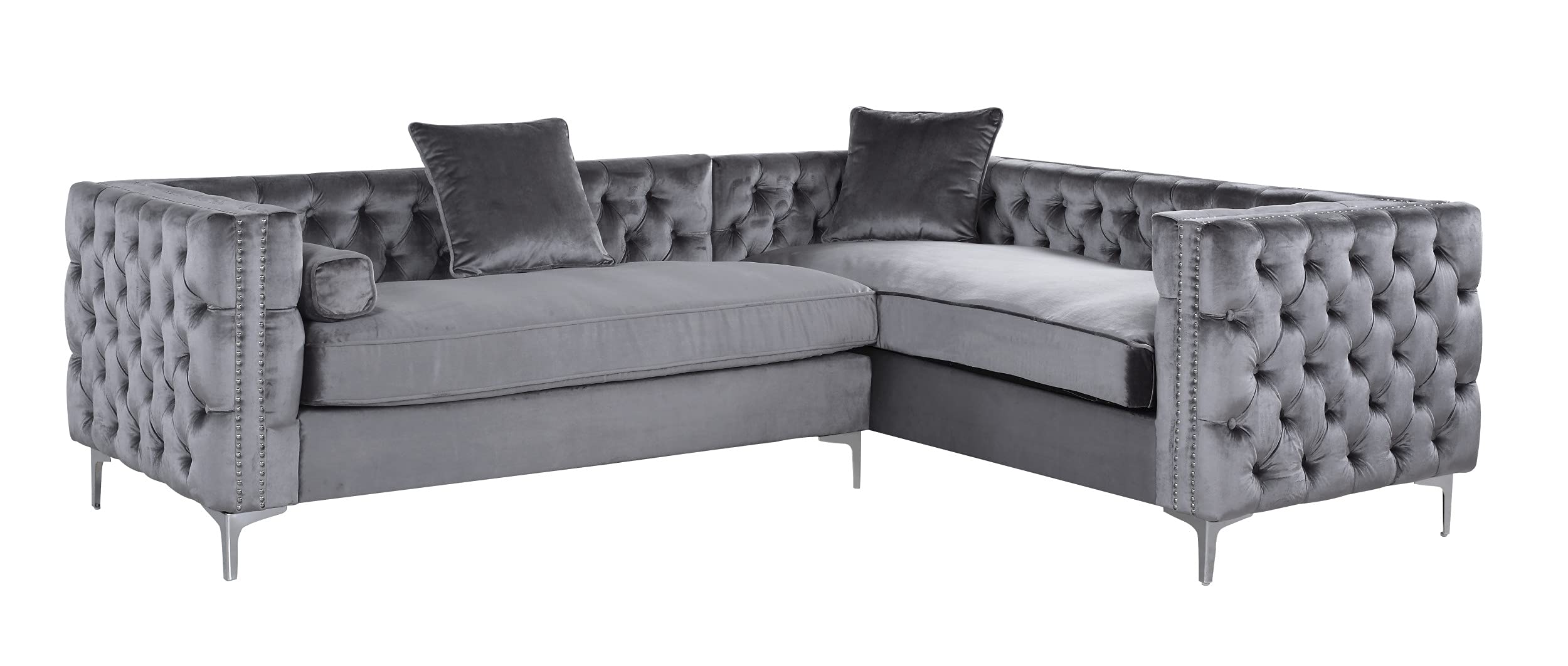 Iconic Home Mozart Elegant Velvet Modern Deeply Tufted with Silver Nailhead Trim Chrome Legs Right Facing Sectional Sofa, Grey
