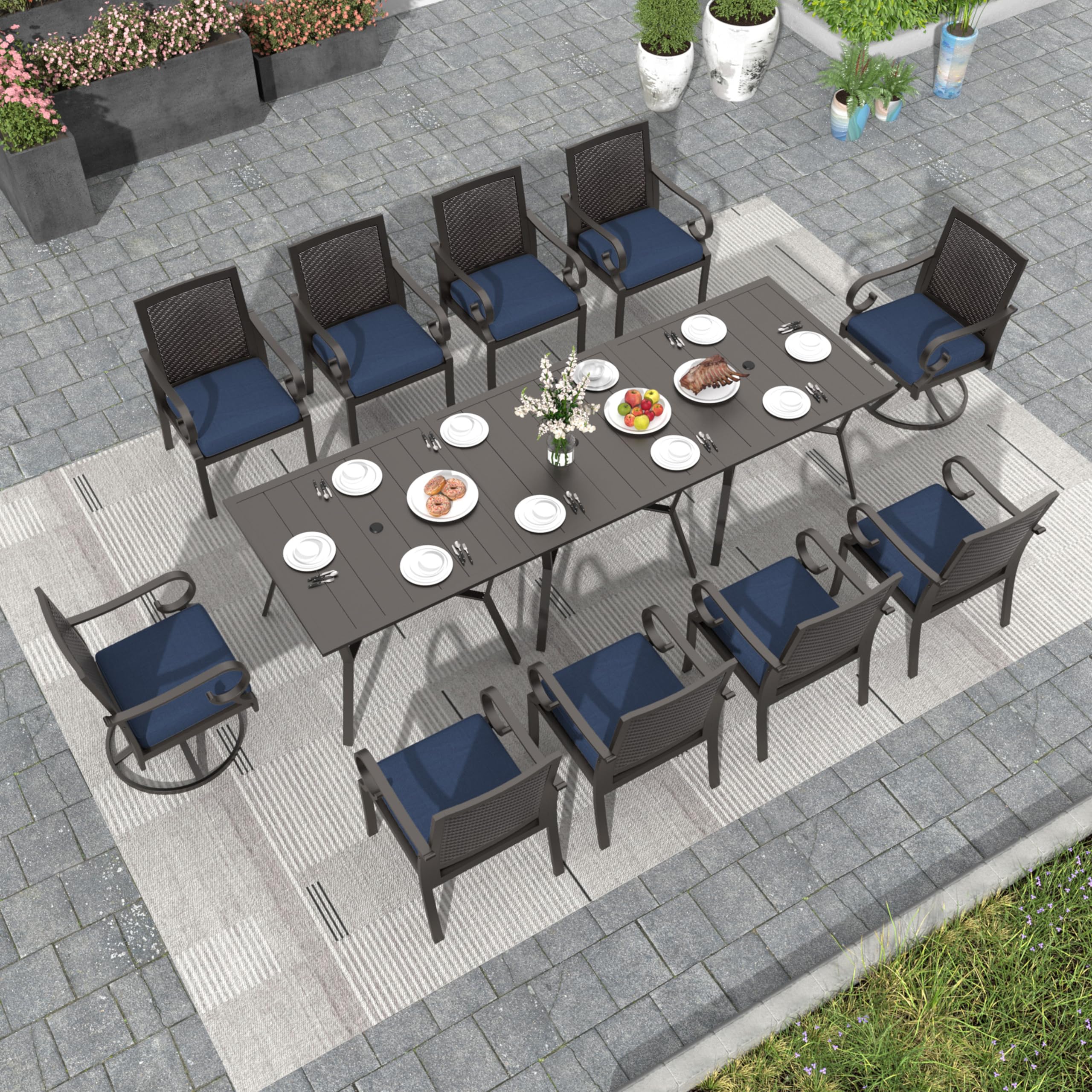 RTDTD 13 Pieces Outdoor Dining Set Patio Dining Table and Chairs Set Outdoor Furniture Set with 3 Square Metal Dining Tables with Umbrella Hole，10 Wicker Patio Chairs with Dark Blue Cushions