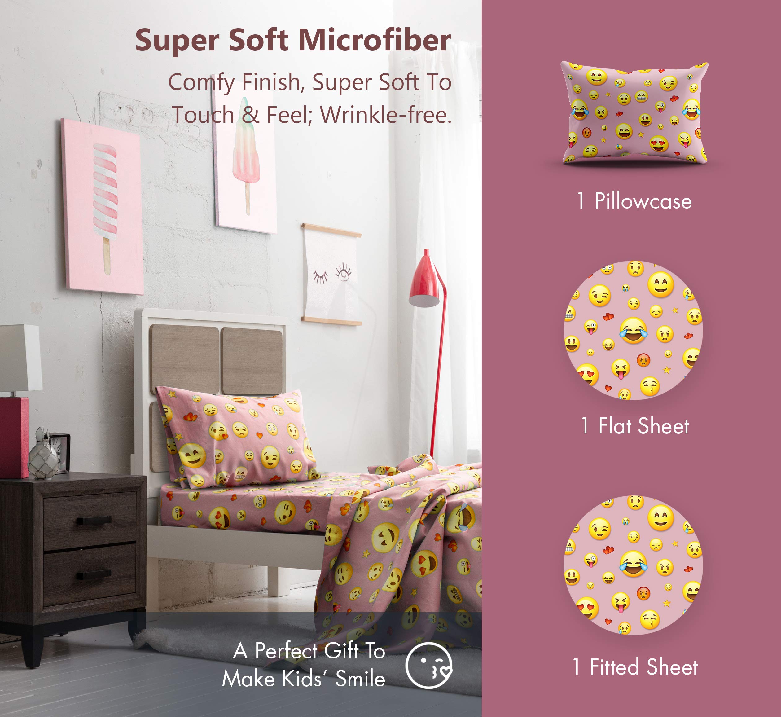 Chital Twin Bed Sheets for Girls | 3 Pc Colorful Kids Bedding Set | Pink Emoji Print | Durable Super-Soft, Double-Brushed Microfiber | 1 Flat & 1 Fitted Sheet, 1 Pillow Case | 15" Deep