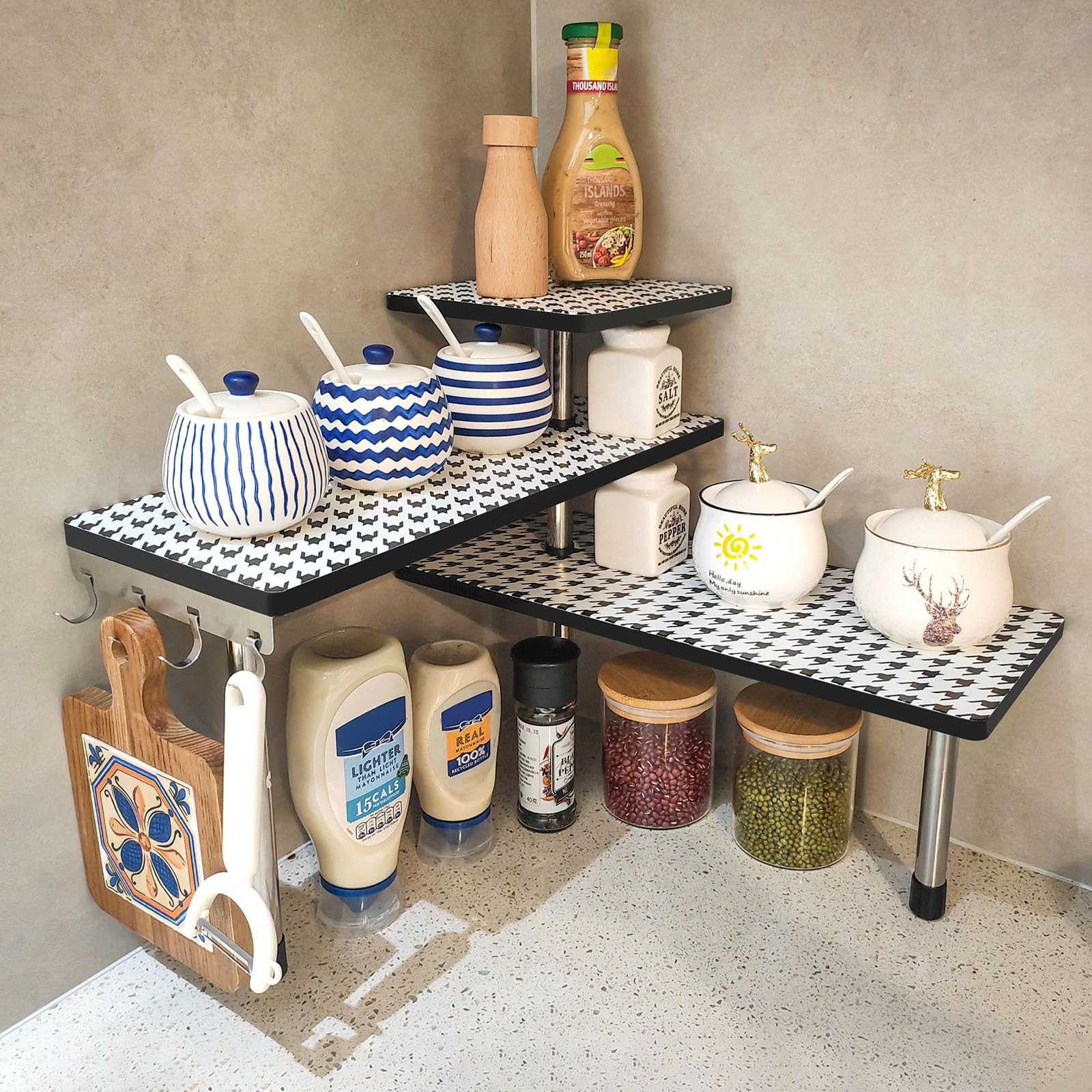 DRDINGRUI 3-Tier Bamboo Countertop Organizer, Kitchen Corner Shelf Organizer, Movable Corner Shelf with Hooks for Kitchen, Bathroom, Living Room, Office, White