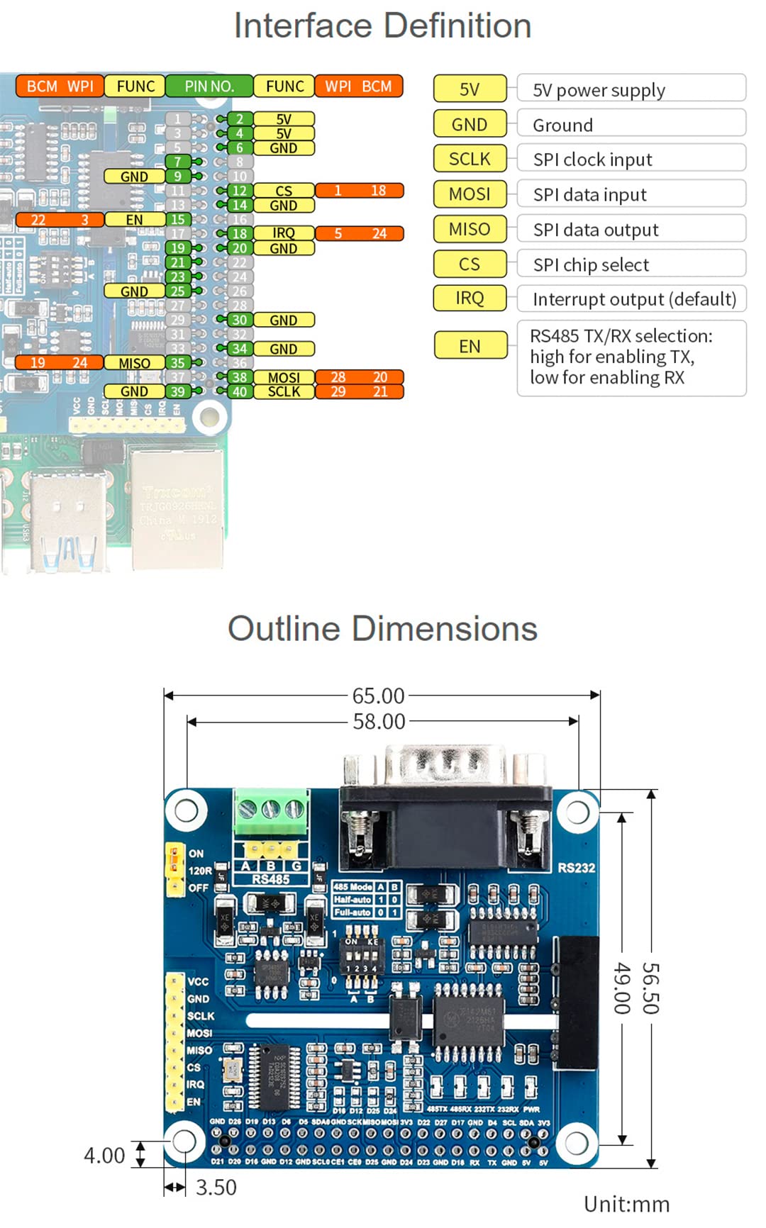 Isolated RS485 RS232 Expansion HAT Board for Raspberry Pi 4B/3B+/3B/2B/Zero/Zero 2 W/Zero 2 WH, SPI Control Onboard Protection Circuits