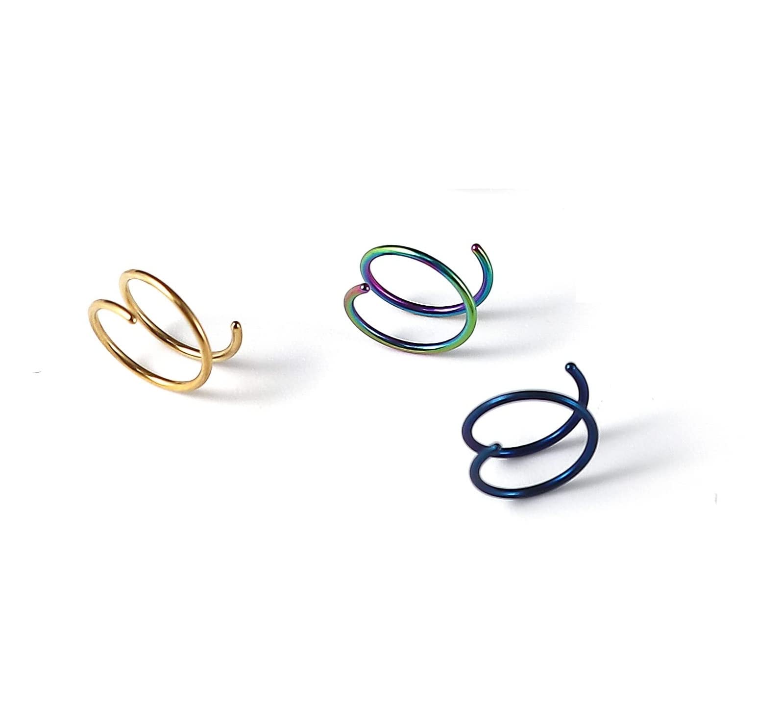 COLORFUL BLING 3PCS Double Nose Ring for Single Piercing, Twist Nose Ring Hoop, Spiral Nose Hoop Rings for Women -Style 3