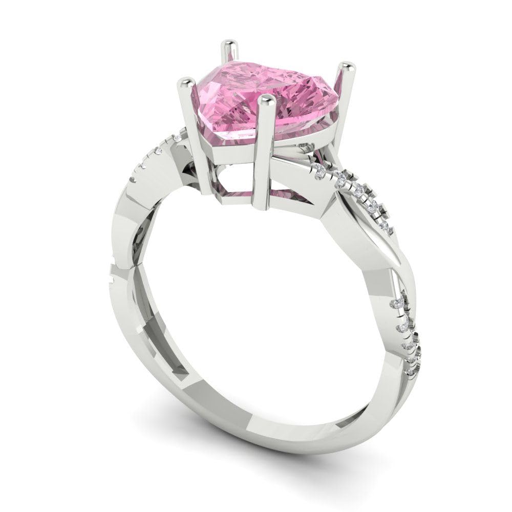 Clara Pucci 2.16ct Heart Cut Criss Cross Twisted Solitaire Halo Pink Diamond VVS1 Designer Modern Statement Ring 14k White Gold