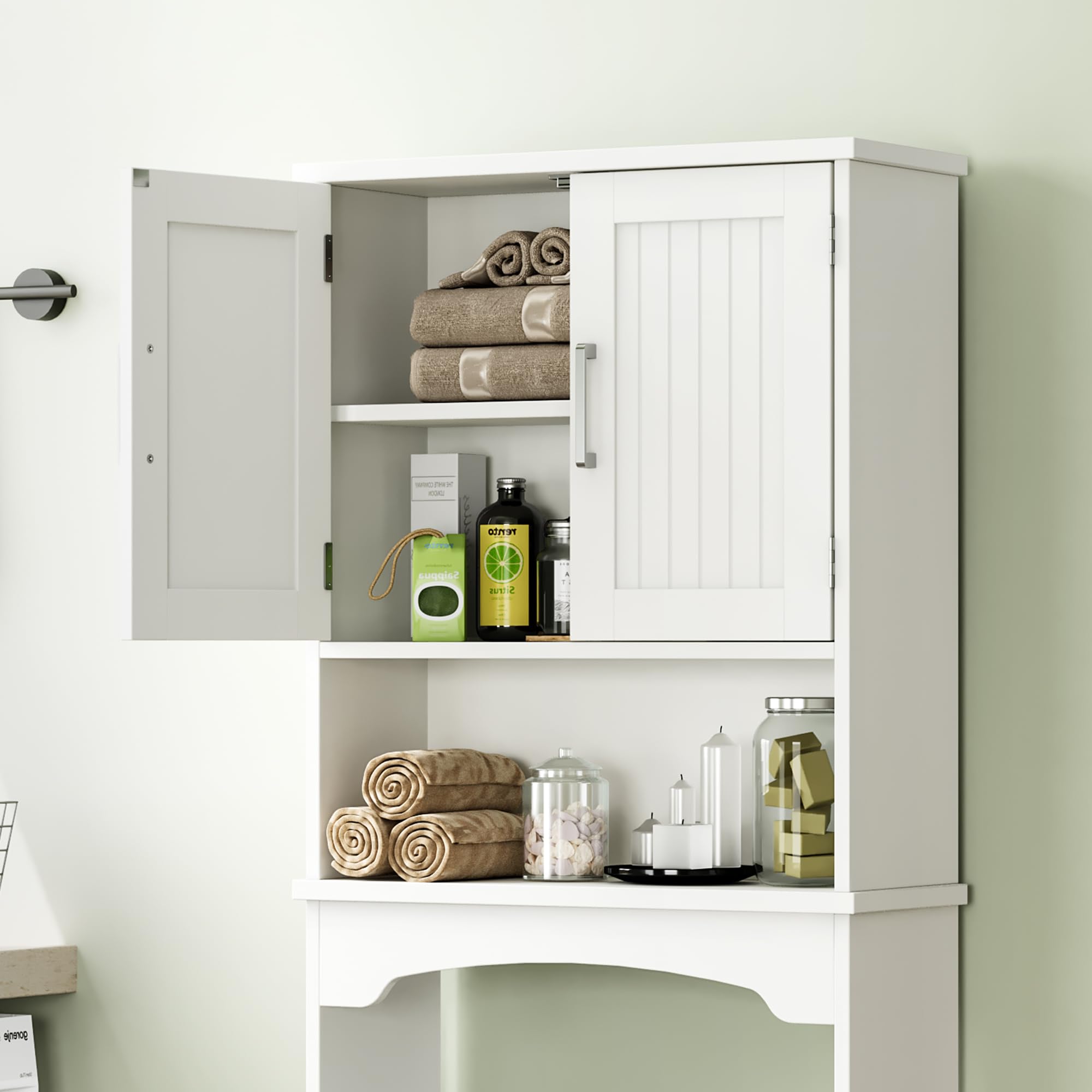GarveeHome Over The Toilet Storage Cabinet, Double Door Bathroom Storage Organizer with Anti-Tip Device, Small Freestanding Space Saver with Open Shelf,White