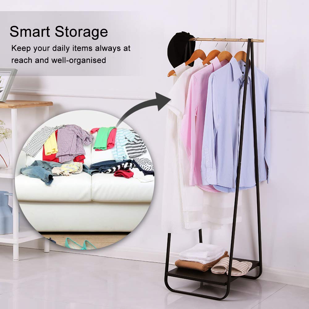 JEFEE Compact Clothes Rack Simple Garment Rack with Shelf 1-Tier Coat Clothing Organizer Storage for Hats Bags Shoe for Entryway Bedroom Dorm Pool, L21.3xW18.3X H55.1 inch, Black