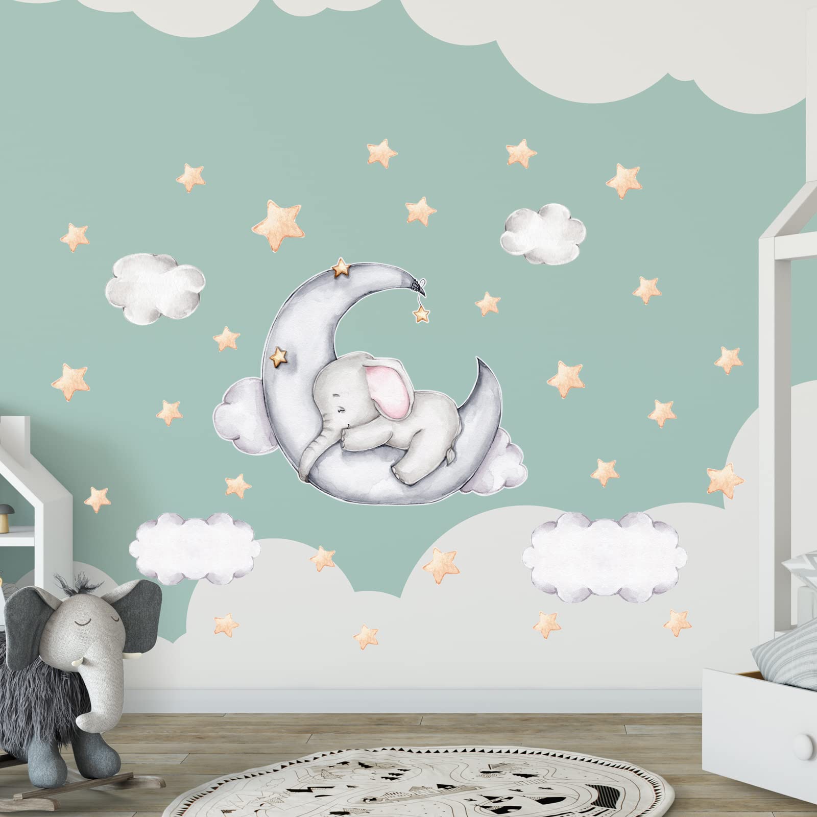 Dream Big Elephant Wall Decals Baby Room Wall Decals Moon Star Clouds Wall Decals for Nursery Kids Room Living Room Bedroom Decorations Home Decor