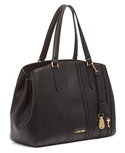Calvin Klein Lock Linear Stitch Quilted Daytona Leather Statement Satchel, BLACK FRINGE