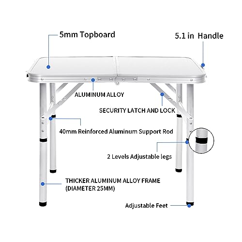 Moosinily 2 Feet Outdoor Folding Table Aluminum Lightweight Small Picnic Table Ajustable Height Portable Table with Carry Handle for Beach, Picnic, Indoor, White