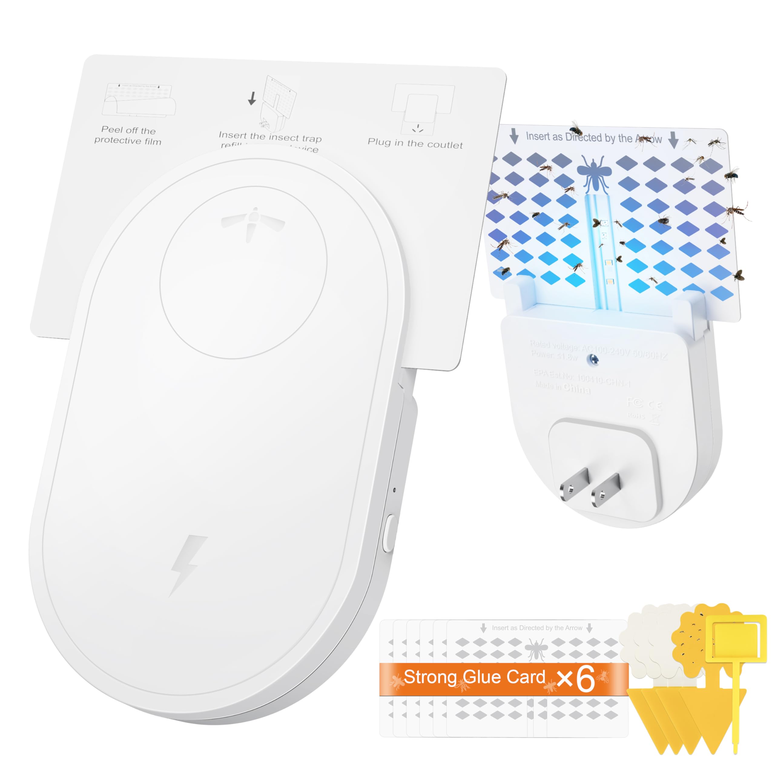 Fly Trap Indoor - Fruit Fly Traps for Indoors Plug-in Flying Insect Trap for Mosquito, Flies, Fruit Flies, Gnats, Moths with 4 Sticky Traps (1 Device + 6 Glue Cards)