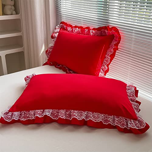 MOOWOO Chic Ruffle Lace Polyester Duvet Cover Set -Girl Red Bedding-3 Piece Full Duvet Cover with Zipper Closure -Ultra Soft and Light Weight (Red, Full Size)