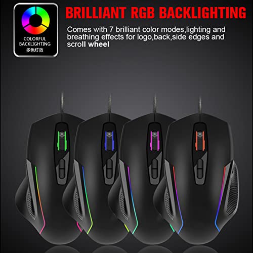 Yolispa Wired Mouse 7- Key Macro Programmable Gaming Mouse with Breathing Light 6400DPI Adjustable for PC Game Office Work