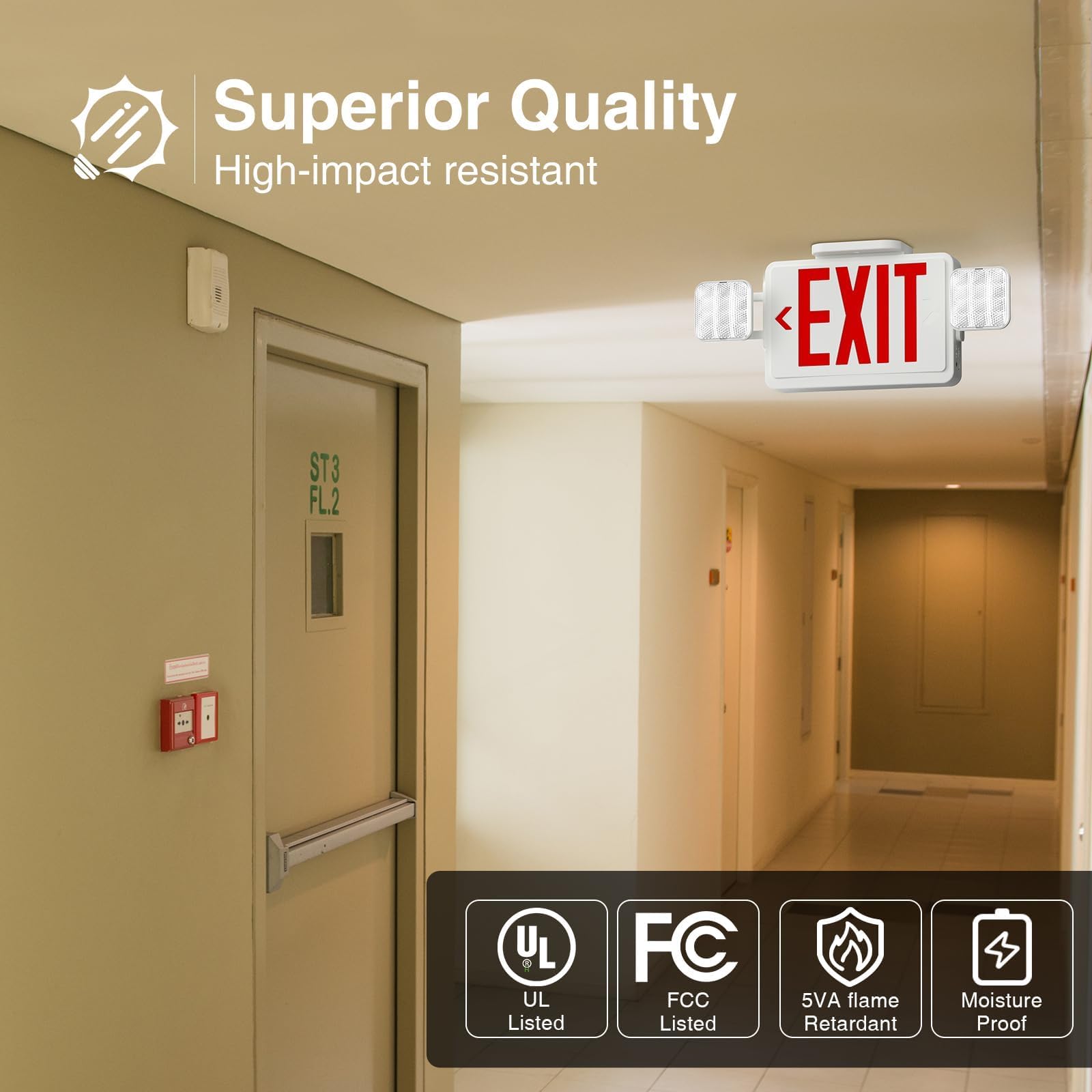 FREELICHT 2 Pack LED Exit Sign with Emergency Lights,Adjustable LED Emergency Exit Lights with Battery Backup,Exit Sign for Business,Easy To Install,UL Certified,AC 120/277V