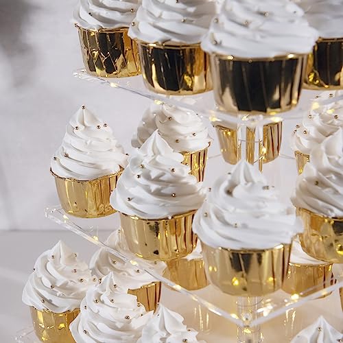 OLACHIKKO Cupcake Stand, Elegant Cupcake Holder with Brighter Yellow LED String Light, Clear 4-Tier Square Acrylic Cupcake Tower for Wedding, Birthday, Baby Shower, Party