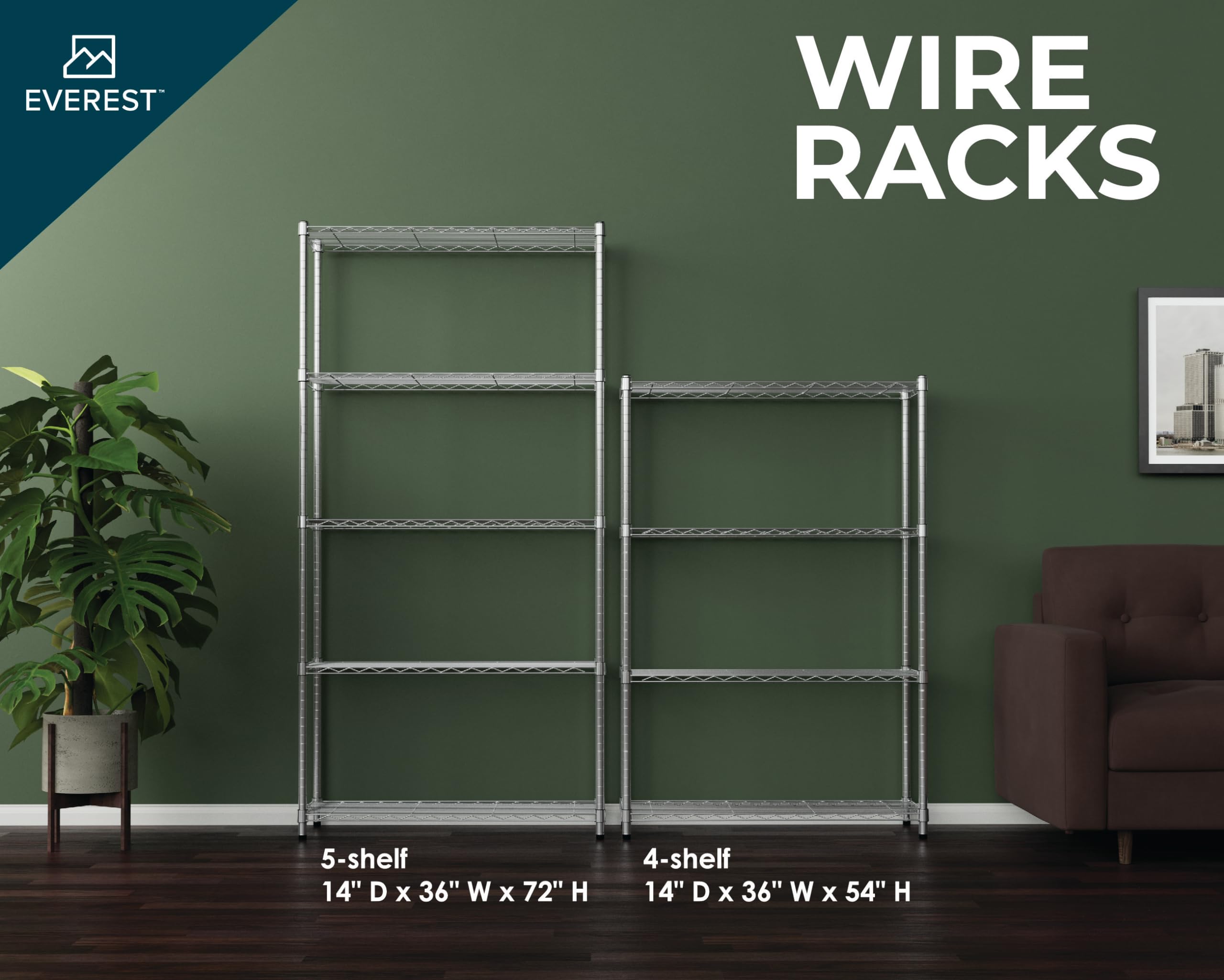 Everest 4-Shelf Shelving Units and Storage, Heavy Duty Storage Shelves (up to 250lbs), Wire Shelving Rack, Chrome Rack Shelf, 14" D x 36" W x 54" H