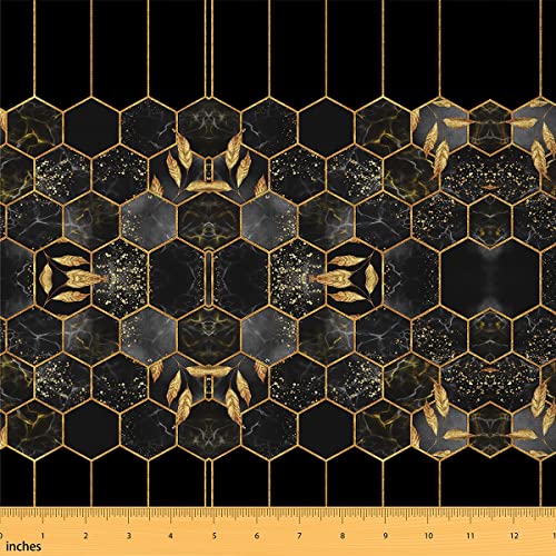 Marble Upholstery Fabric, Black Grey Geometric Gold Plaid Fabric by The Yard, Modern Luxury Diamond Decorative Fabric with Metallic Stripe Printed Beehive Hexagon Grid Fabric, 1 Yard